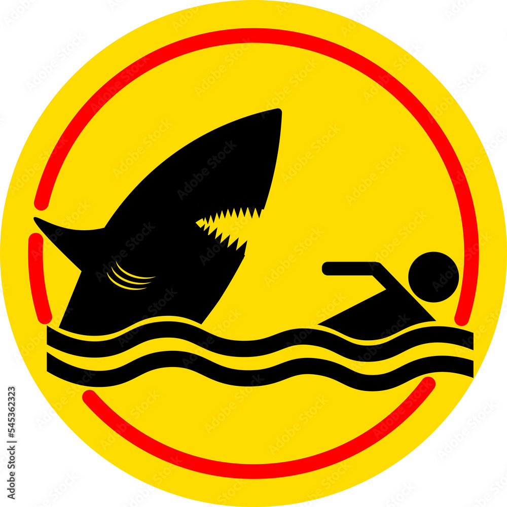 shark attack on beach safety warning round sign, beach close of shark ...