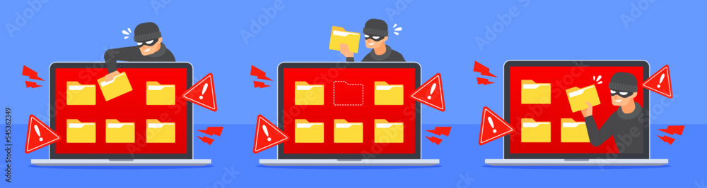 Hacker steal document folder icon from laptop screen. System warning alert to cyber threat or ...