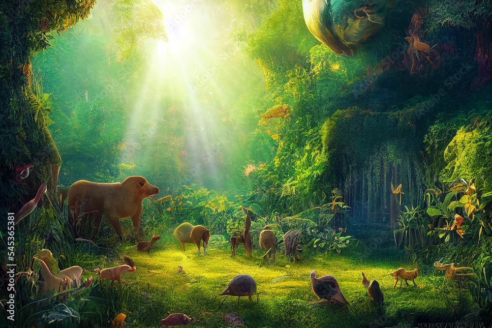 Fantasy of an utopian world where animals and nature live in harmony ...