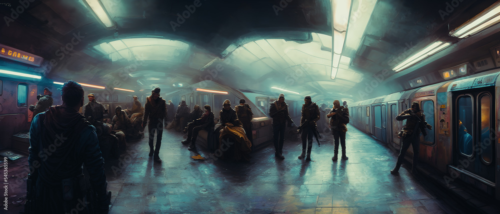 Artistic concept illustration of a futuristic metro station, background ...