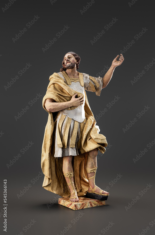 Sclupture of Saint Longinus. He is a bearded man dressed in antique ...