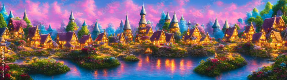 Artistic concept illustration of a Fairy tales village with small ...