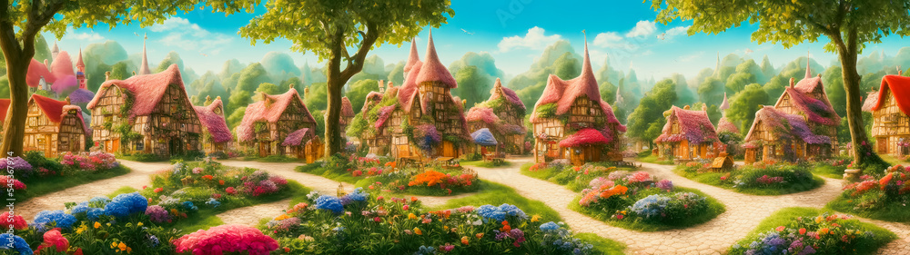 Artistic concept illustration of a Fairy tales village with small ...
