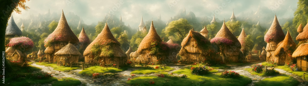 Artistic concept illustration of a Fairy tales village with small ...