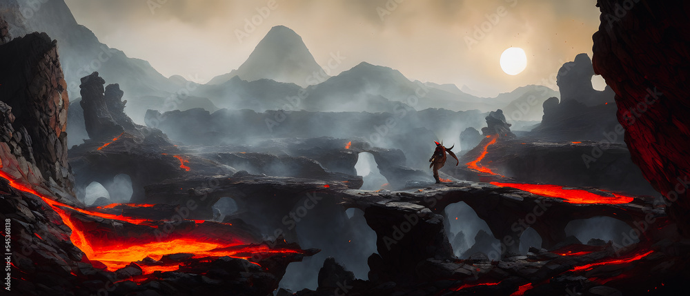 Artistic concept illustration of a burning lava landscape, background ...