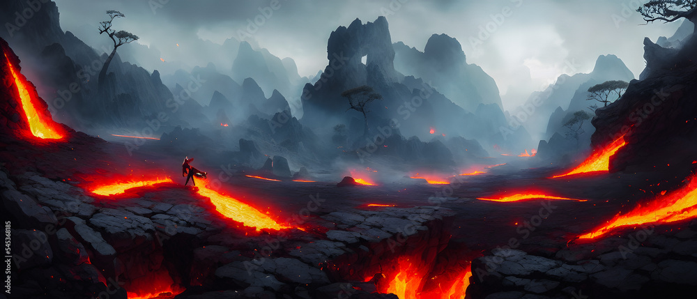 Artistic concept illustration of a burning lava landscape, background ...