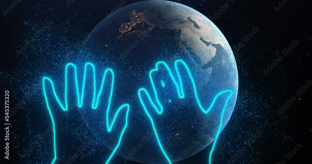 Blue silhouette hands wave their palm in space among zoom in planet ...