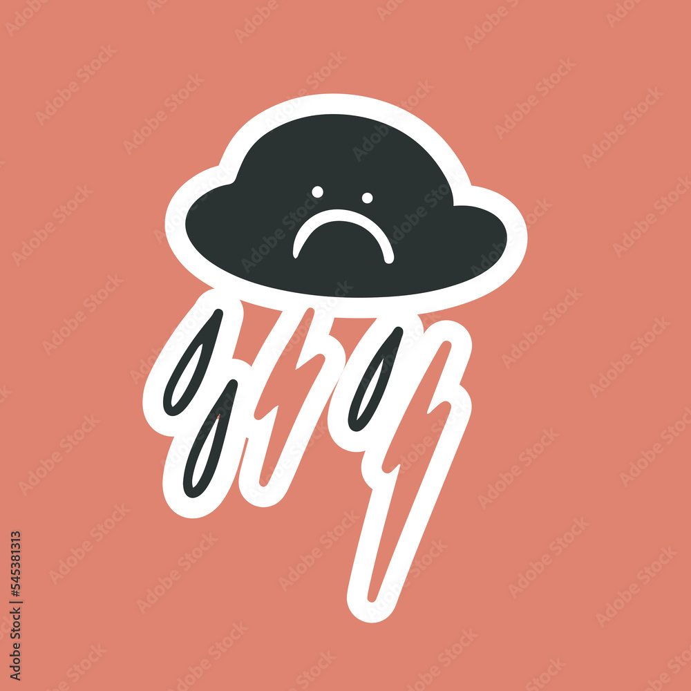 Sad cloud with rain and lightning. Vector sticker in doodle cute hand ...