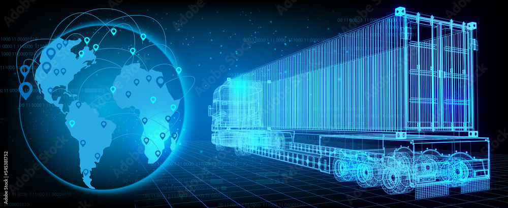 3D rendering illustration truck with world map with container blueprint ...