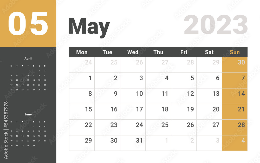 Monthly Calendar Template of may 2023. Vector layout simple calendar ...