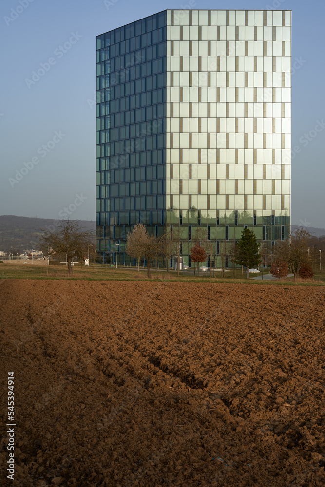 Festo automation Center. Office building with blue glass facade at ...