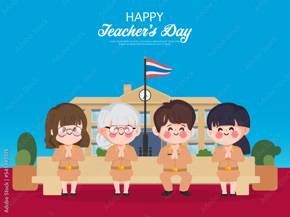 Group of Thai student and Thai teacher greeting with namaste character ...