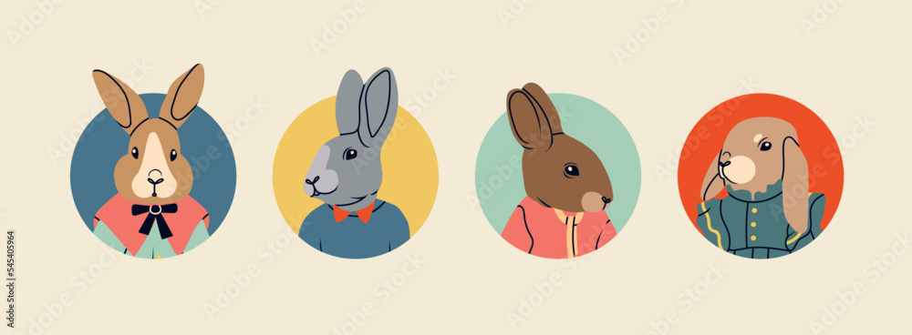 Various anthropomorphic Rabbits. Hand drawn Vector illustration. Cute ...