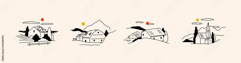 Rural landscapes. Outline field, meadow, house, trees, road, clouds ...