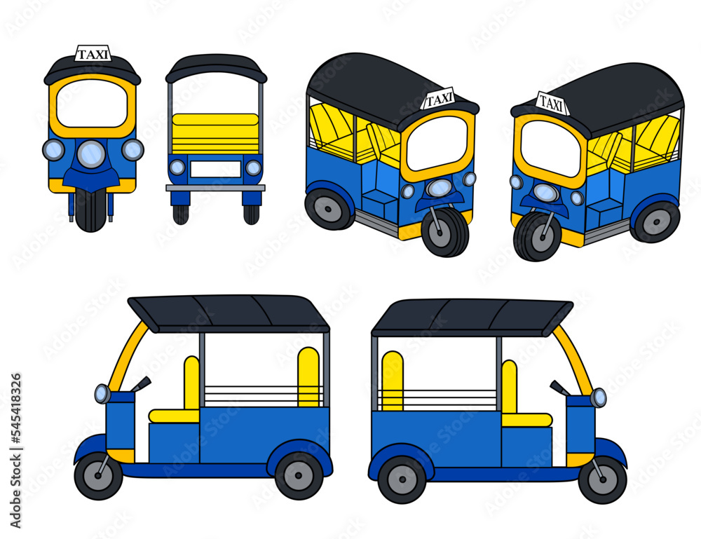 Tuk Tuk thailand.Front, back and side view.Auto rickshaw vehicle.Three ...