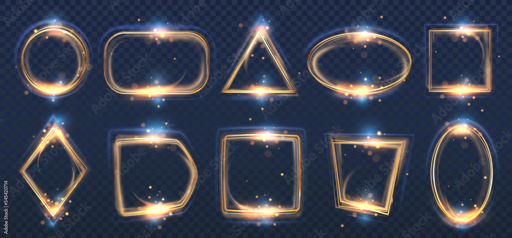 Vetor de Set of shiny gold frames. Luxurious realistic square, round, oval borders, rectangular ...