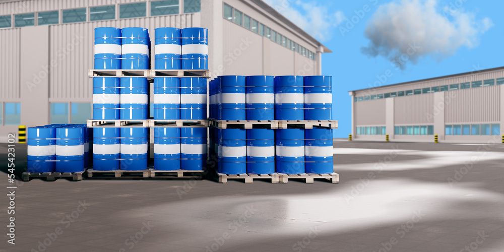Fuel barrels. Pallets with barrels near warehouse building. Industrial ...