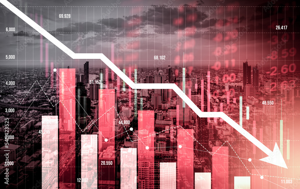 Economic crisis concept shown by digital indicators and graphs falling ...