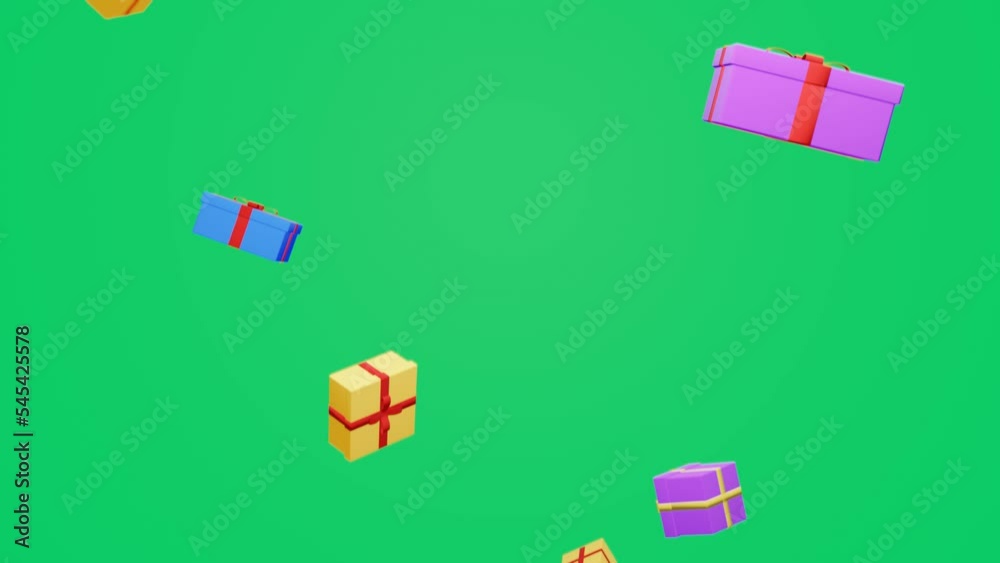 3D animated christmas gift boxes slowly falling down, 4k green screen ...