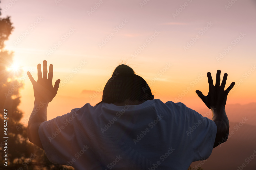 Faith of christian concept: Spiritual prayer hands over sunshine with ...