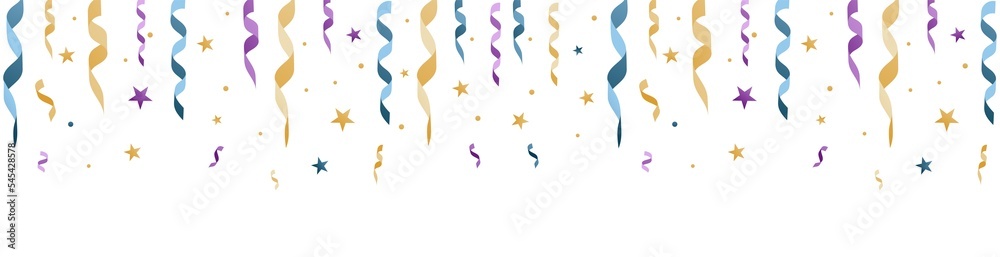 Realistic hanging gold, purple, blue confetti on transparent background ...