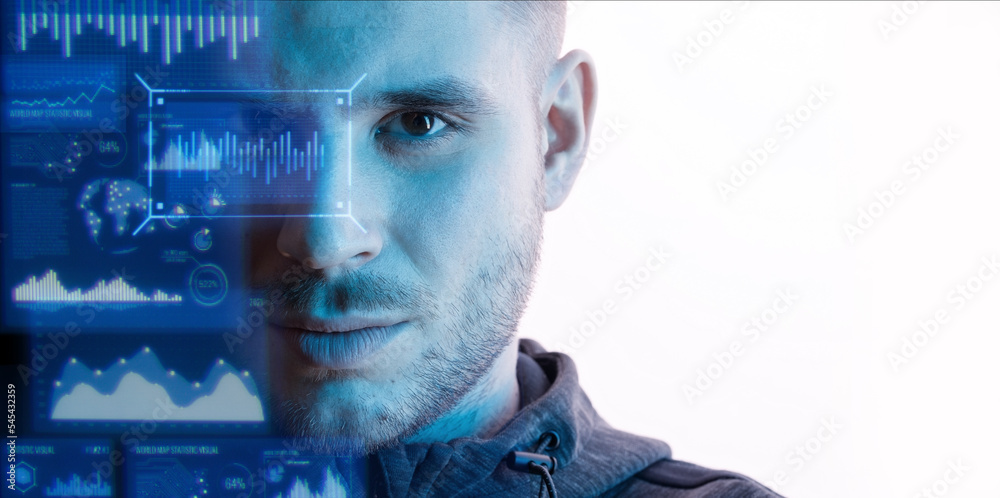 Male with futuristic holographic interface to display data. Portrait of ...