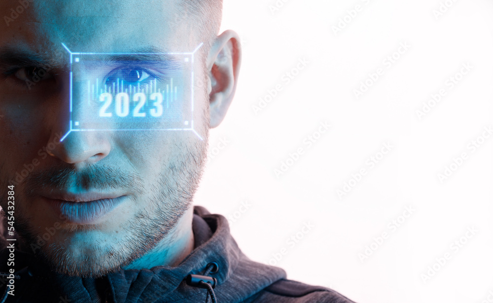 Male with futuristic holographic interface to display data. Portrait of ...