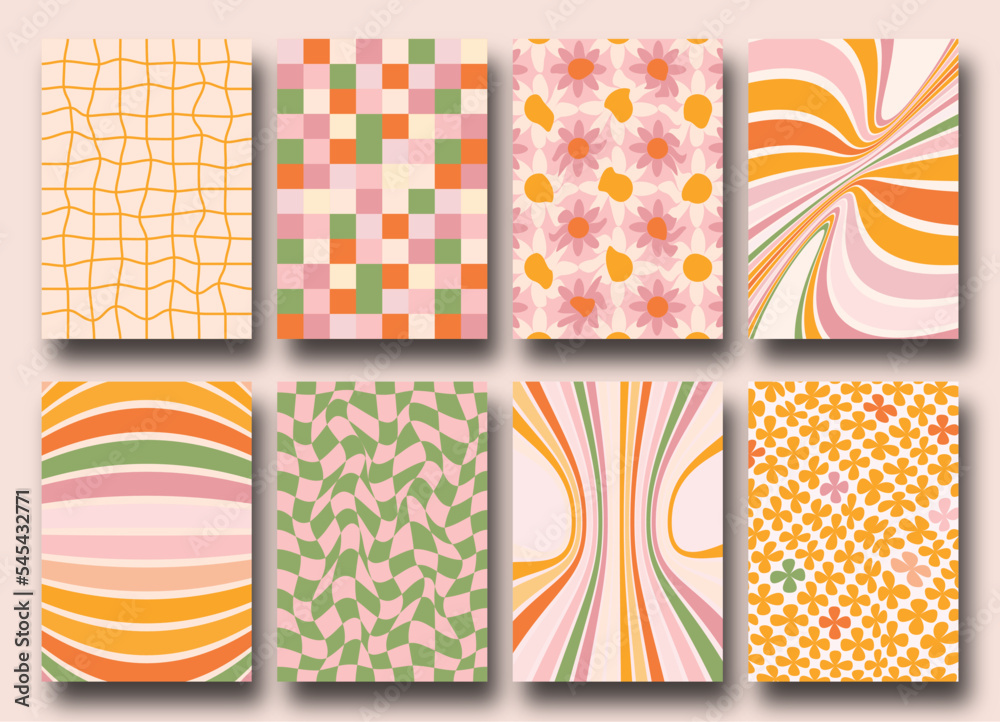 Vector set of Groovy hippie 70s backgrounds. Checkerboard, chessboard ...