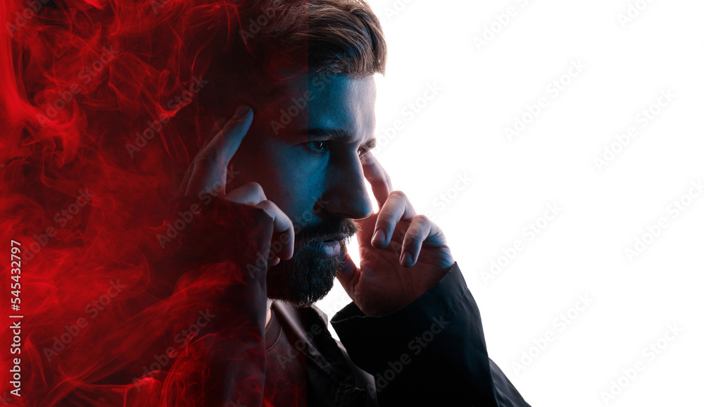 Male portrait with double exposure. The mysterious man uses the power ...