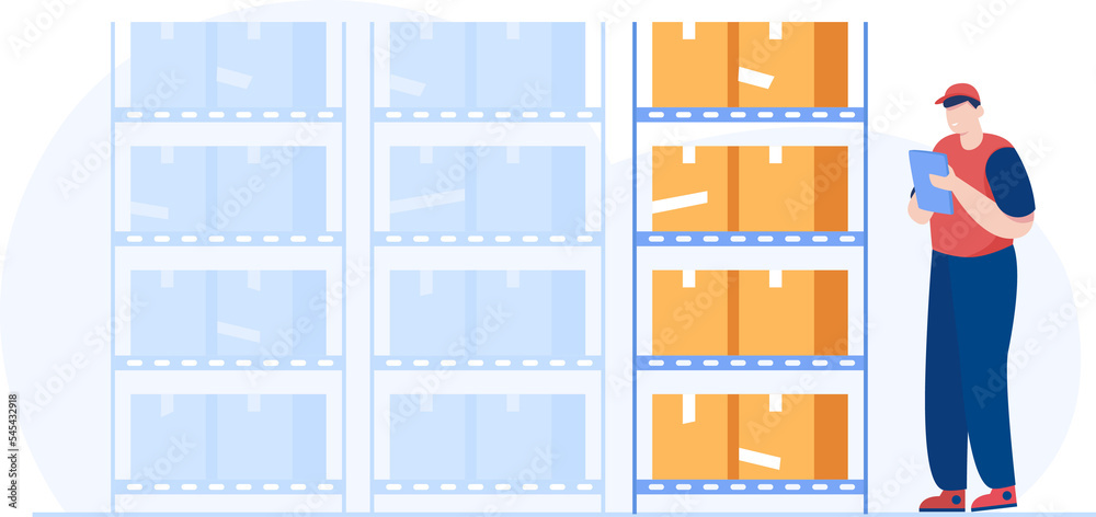 Warehouse worker checking inventory levels of goods on shelf. warehouse ...