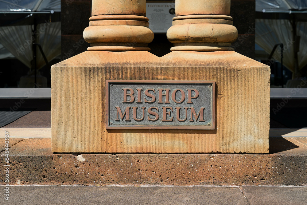 Name plate of the Bishop Museum, the largest museum in Hawaii located ...