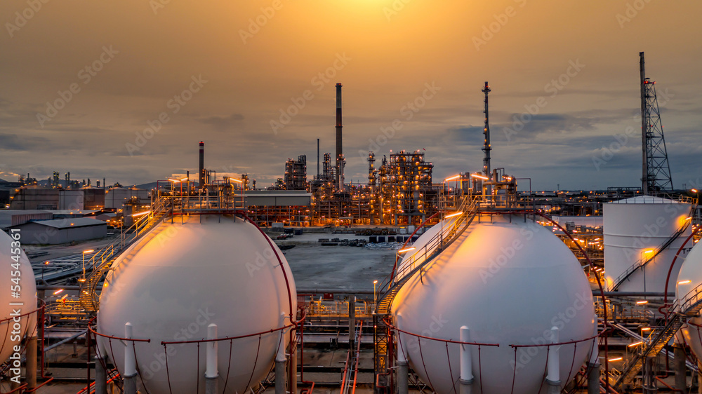 Gas storage sphere tank in petrochemical industry zone with oil and gas ...