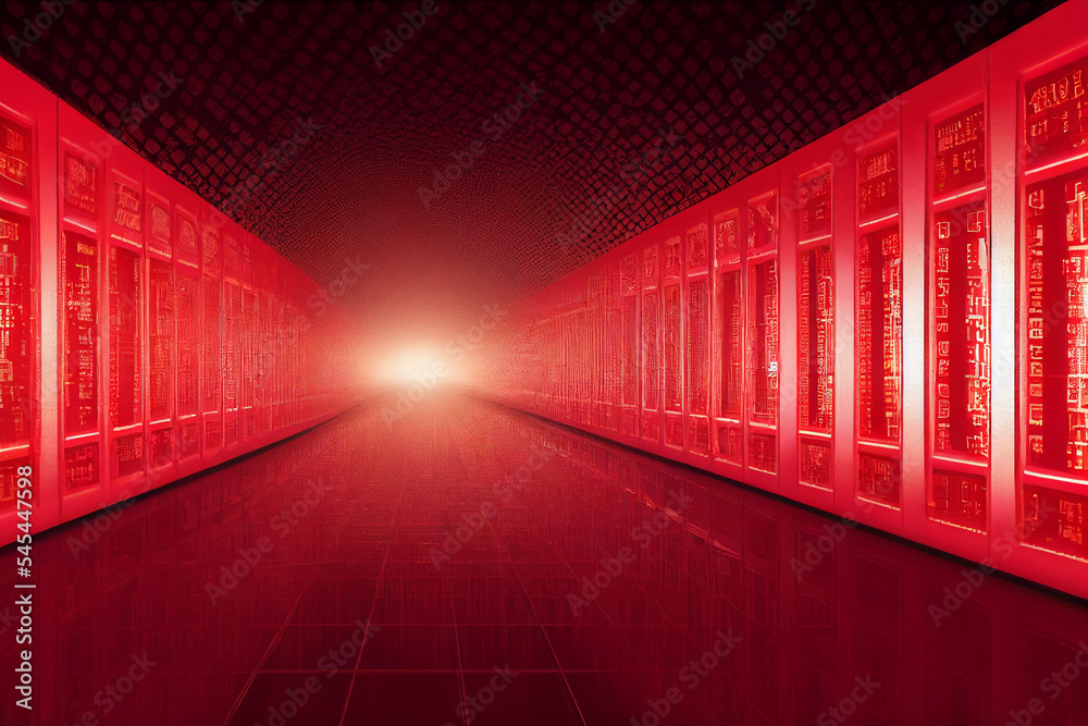 Empty red cybernetic hallway tunnel matrix code background Stock ...