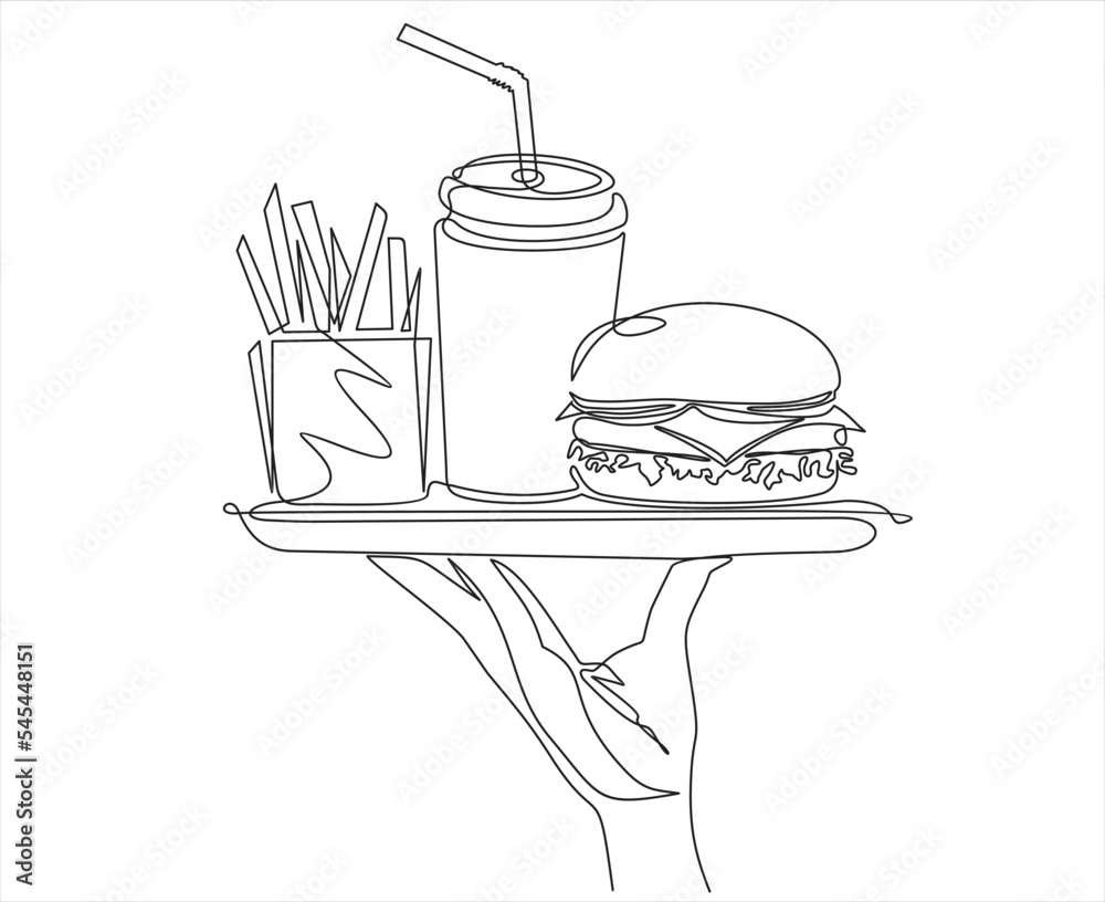 One continuous line drawing of waiter carries burger or hamburger,fries ...