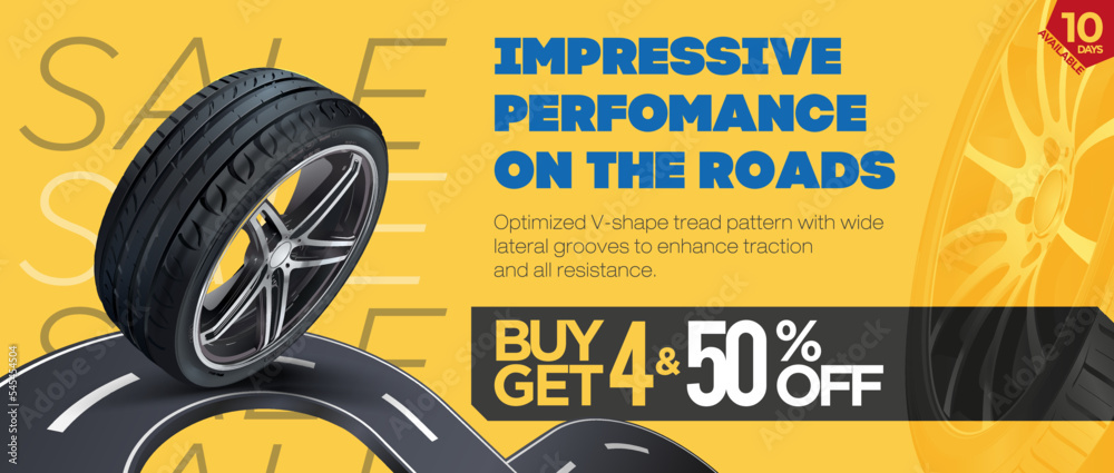 Advertising banner of a car wheel on a stylized road. Optimized V ...