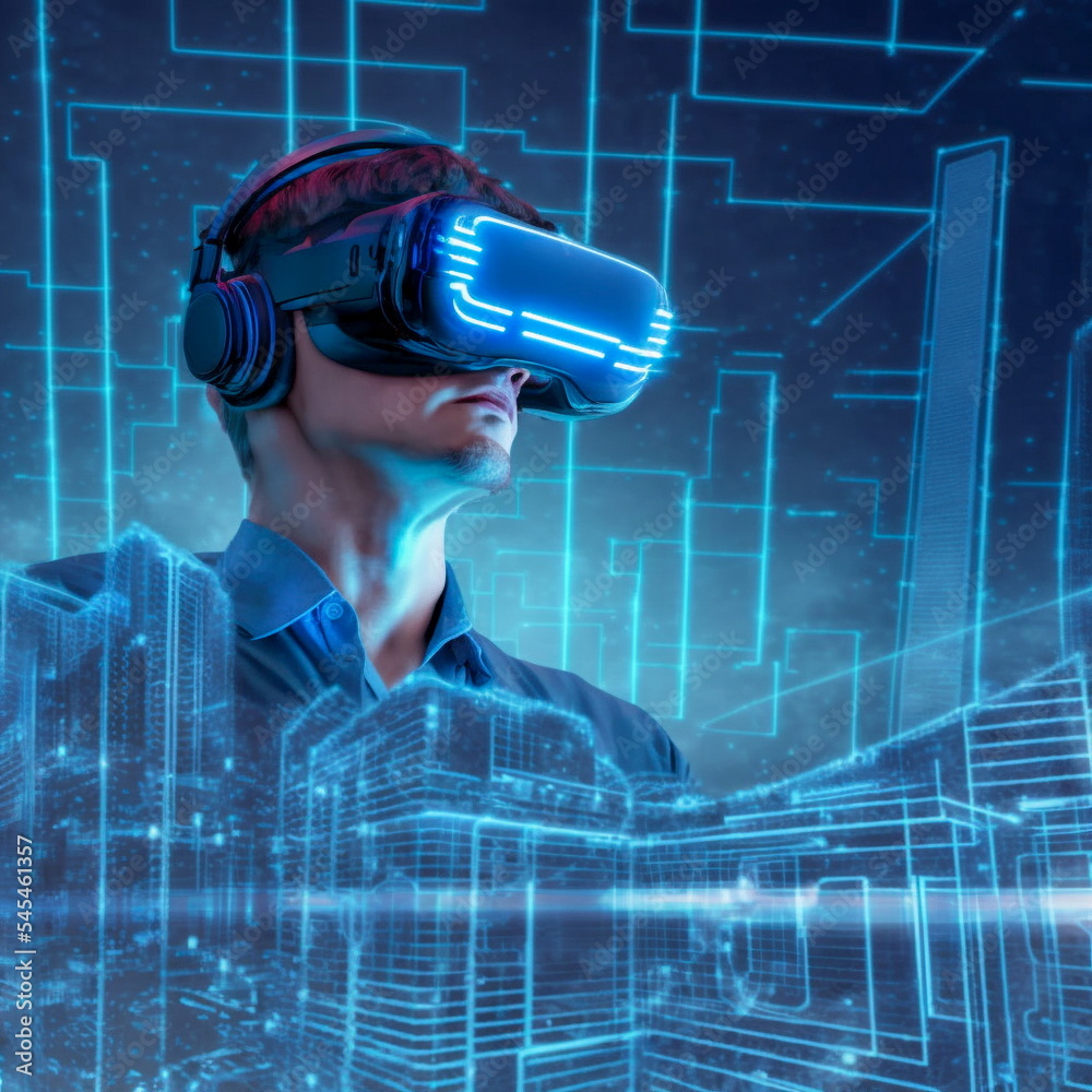 Man on dark virtual reality background. Guy using VR helmet. Augmented reality, future ...