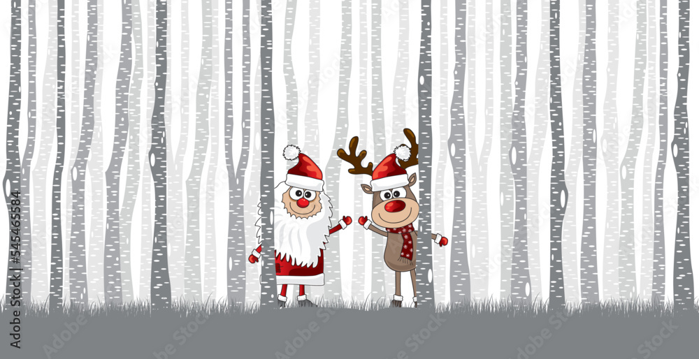 santa claus and rudolph are standing in the snow-covered birch forest ...