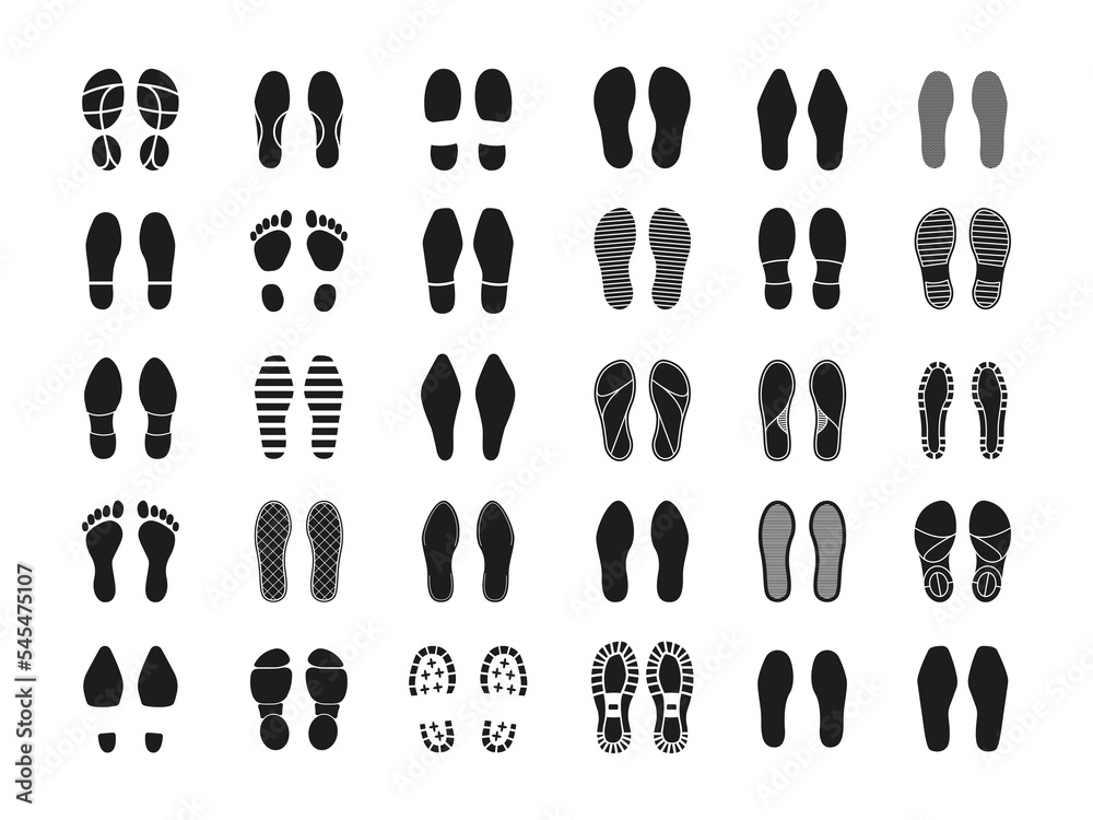 Vetor de Footprint silhouette. Human footsteps shoe sole contour signs ...