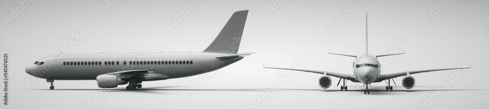 Flying plane, jet plane, passenger plane. Front and side view of ...