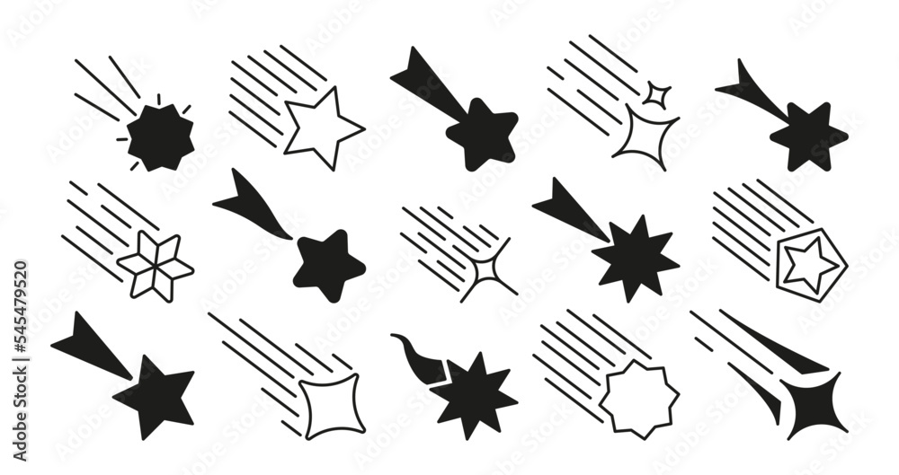 Shooting star icons. Abstract falling symbols with sparkle trail, set ...