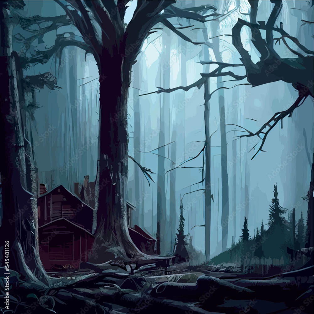 Vector cryptic illustration with house, forests with blue fog ...