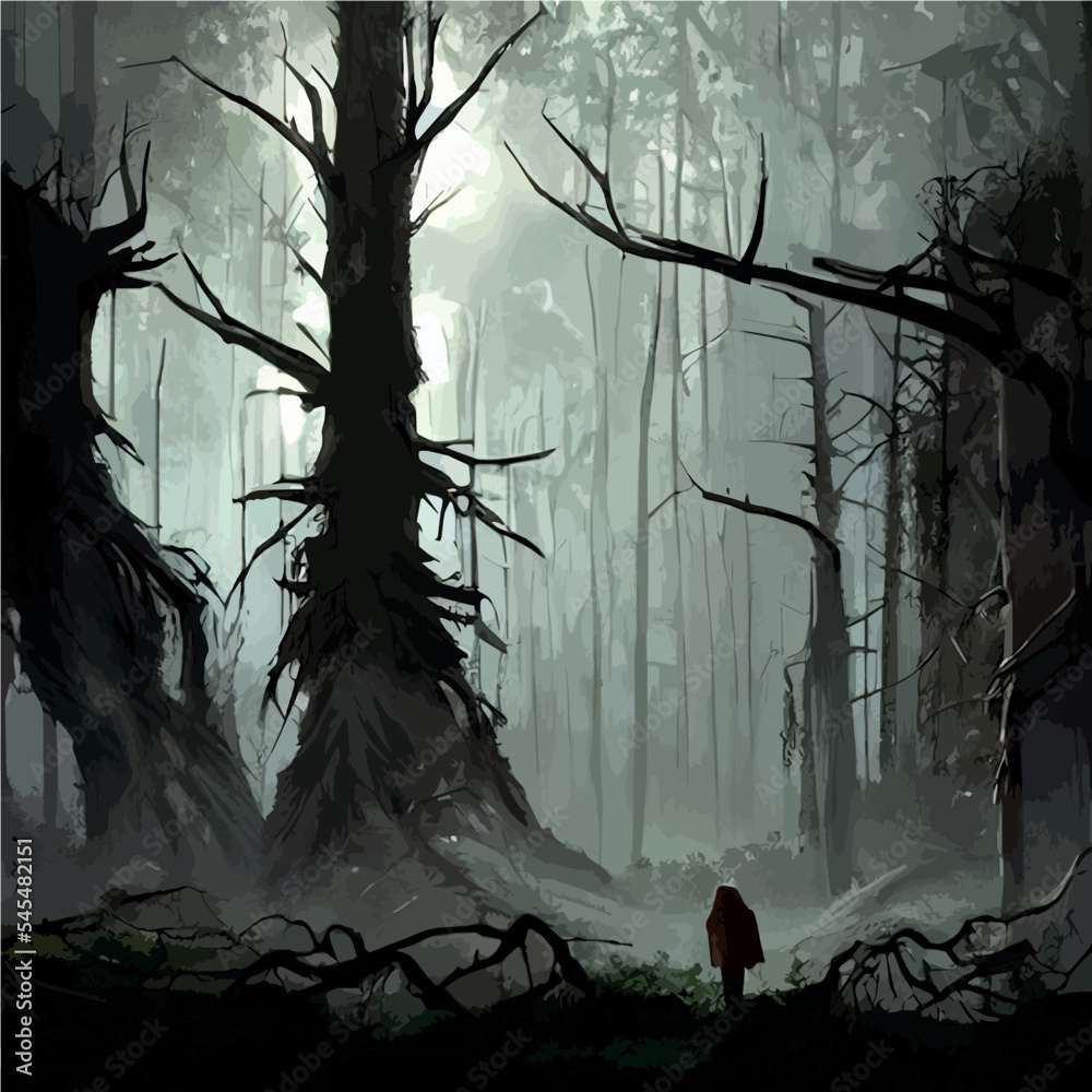 Vector cryptic illustration with house, forests with blue fog ...