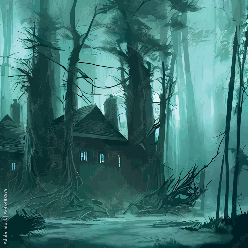 Vector cryptic illustration with house, forests with blue fog ...