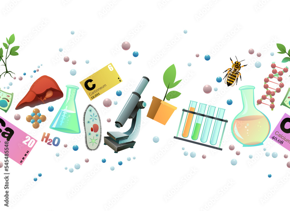 Chemistry seamless horizontal. Cartoon style. Science items picture ...