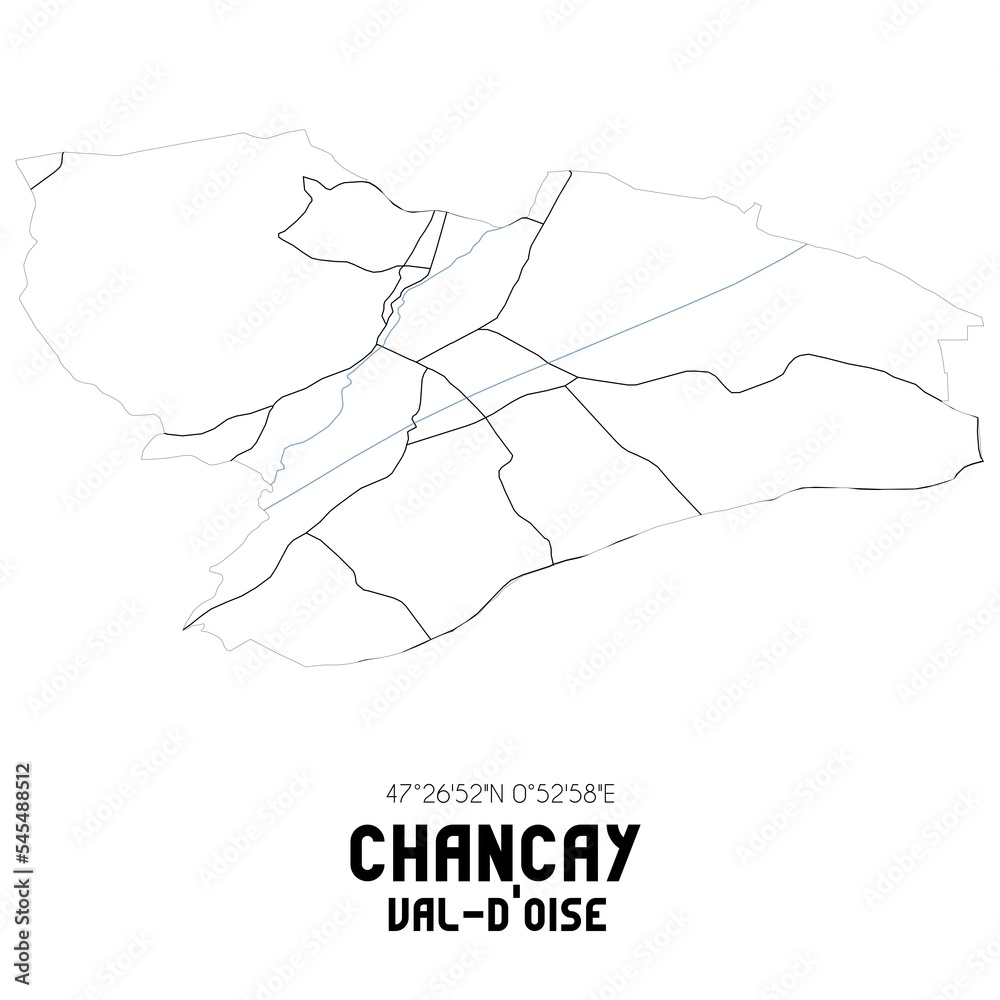 CHANCAY Val-d'Oise. Minimalistic street map with black and white lines ...
