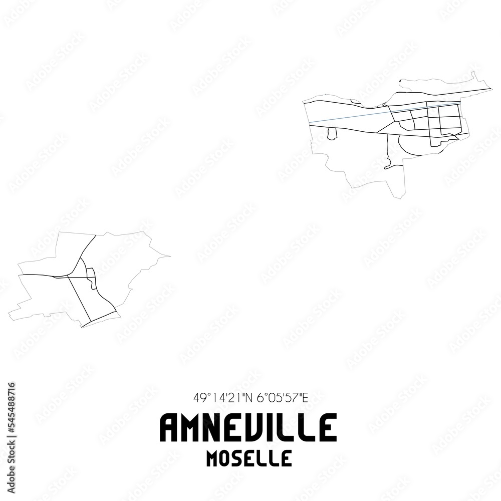AMNEVILLE Moselle. Minimalistic street map with black and white lines ...
