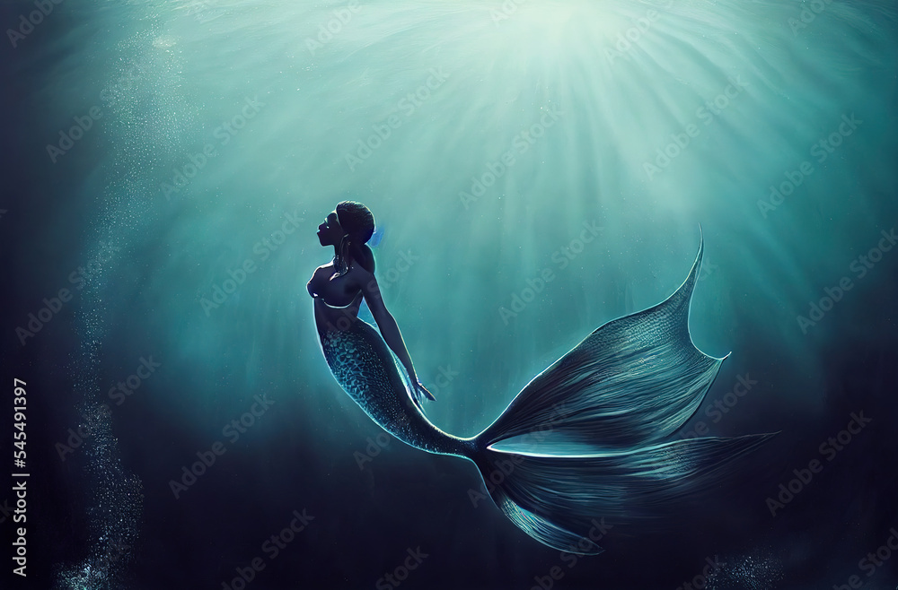 Beautiful black mermaid in the water. Randomly generated not based on a ...