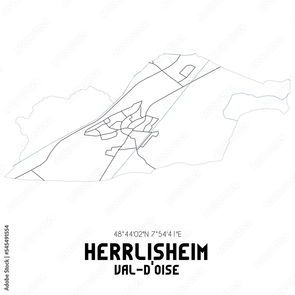 HERRLISHEIM Val-d'Oise. Minimalistic street map with black and white ...