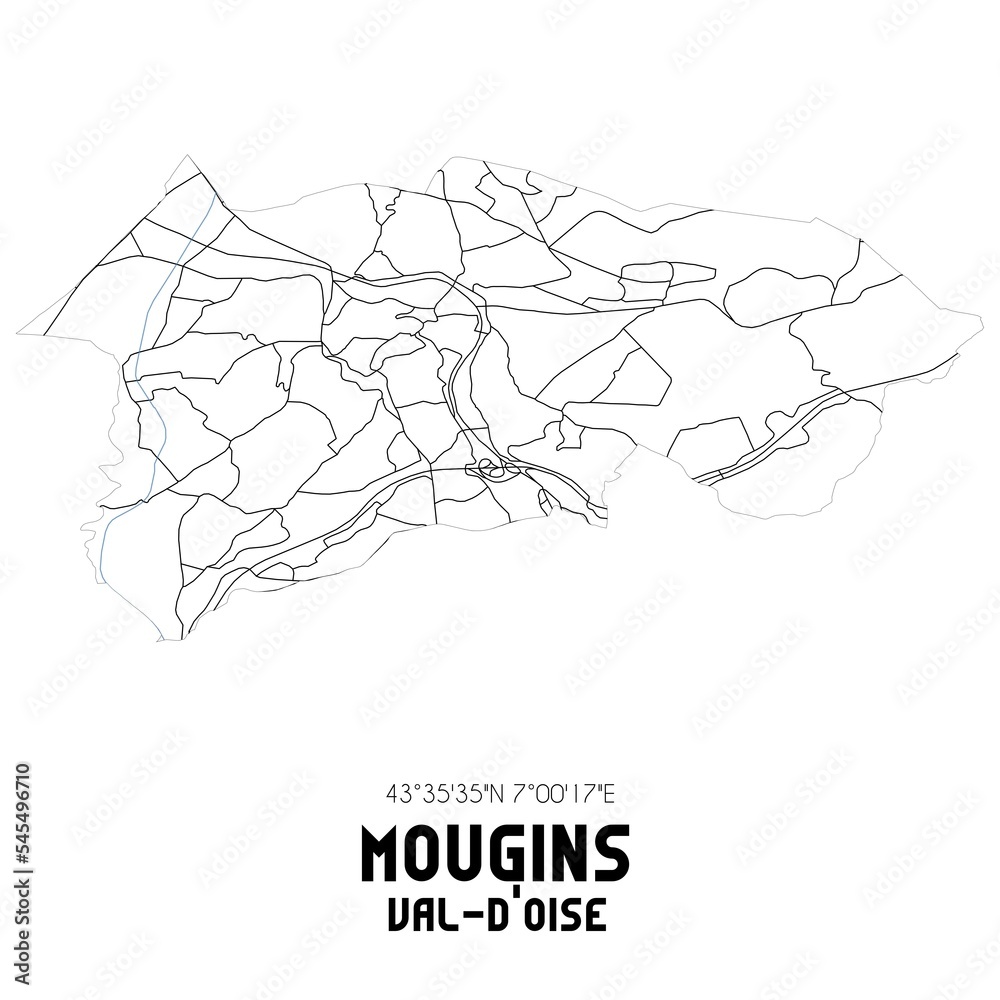 MOUGINS Val-d'Oise. Minimalistic street map with black and white lines ...