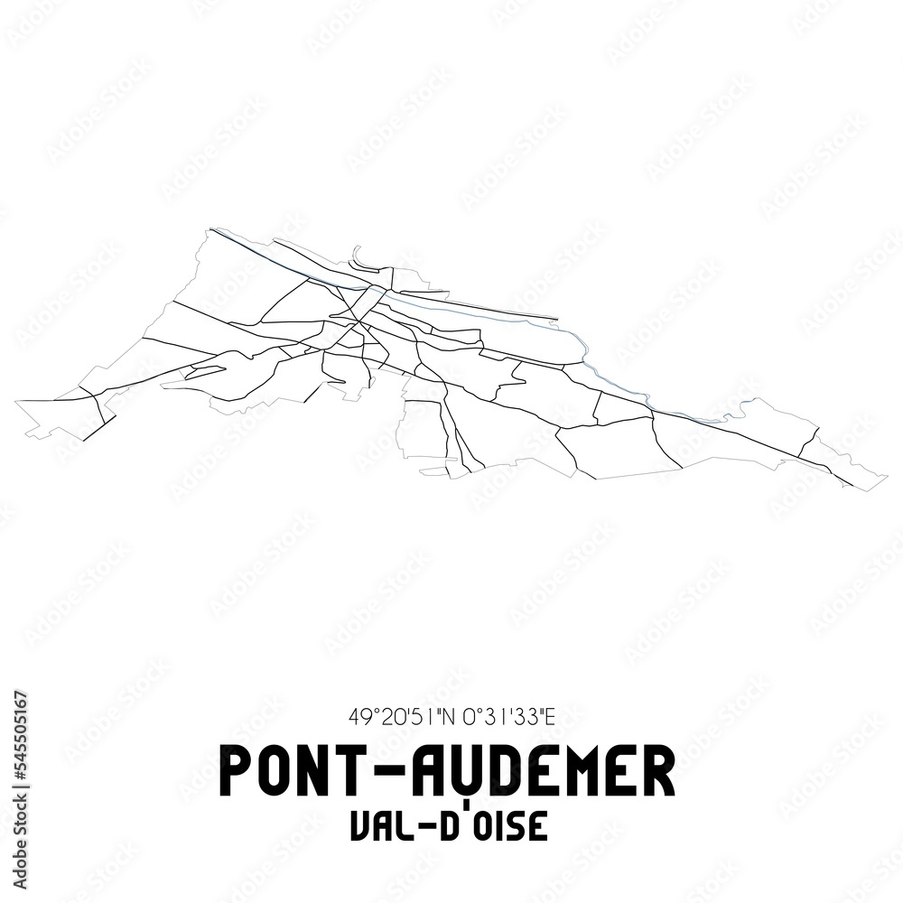 PONT-AUDEMER Val-d'Oise. Minimalistic street map with black and white ...